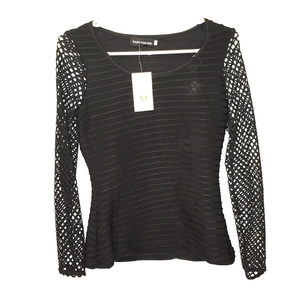 fancyqube | Tops | Black Fishnet Sleeve Bodycon Top | Poshmark